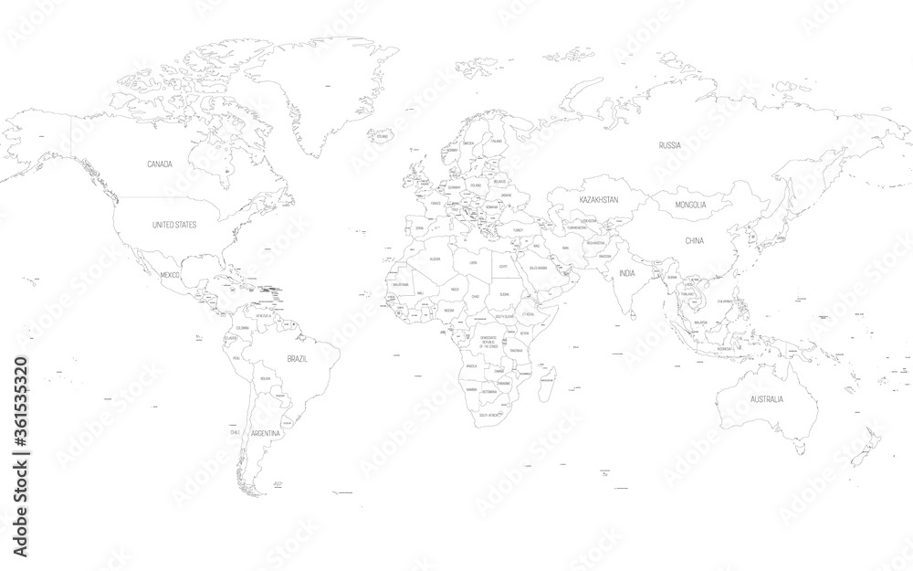 Map of World. Detailed thin black outline political map with country ...