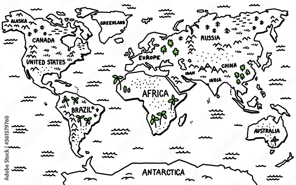 Vector outline sketch of world map. Trees and mountains. Childrens ...