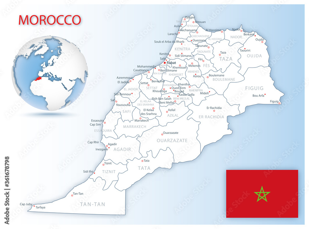 Detailed Morocco administrative map with country flag and location on a ...