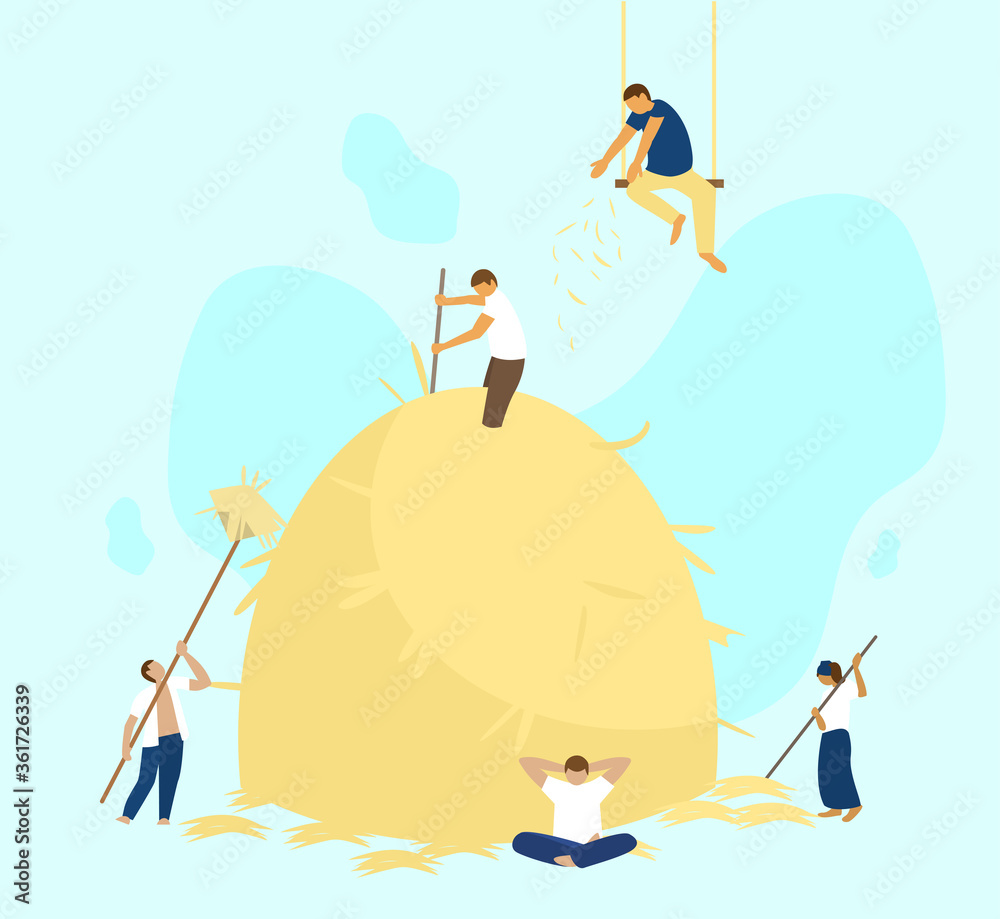 Vector illustration of team work process. People collecting hay to one ...