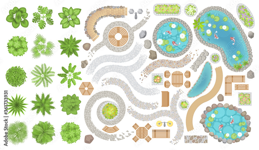 Set of park elements. (Top view) Collection for landscape design, plan ...