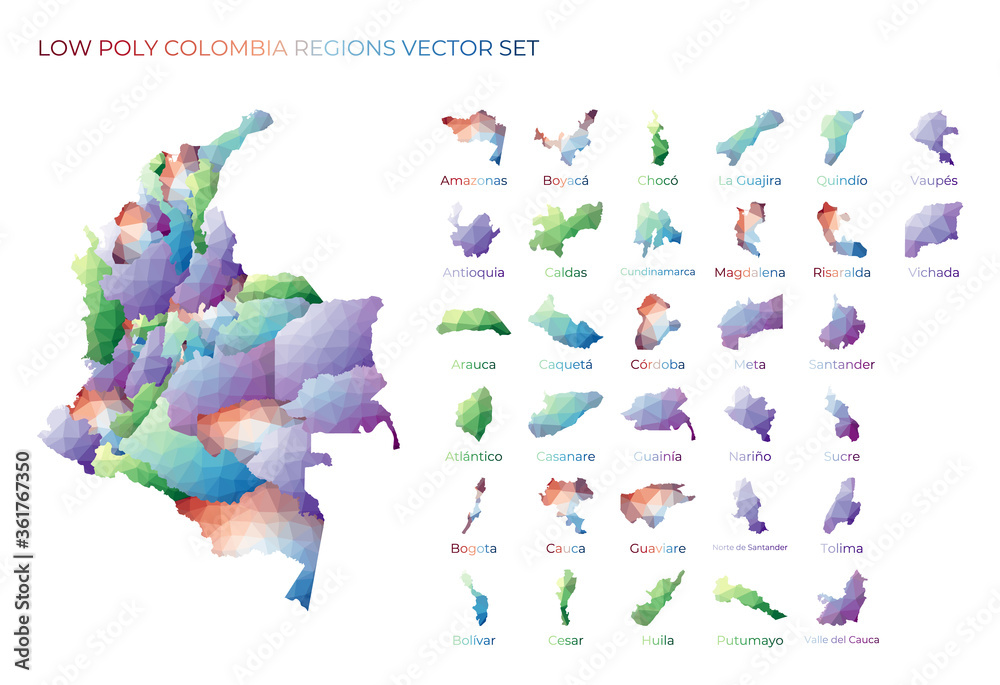 Colombian low poly regions. Polygonal map of Colombia with regions ...