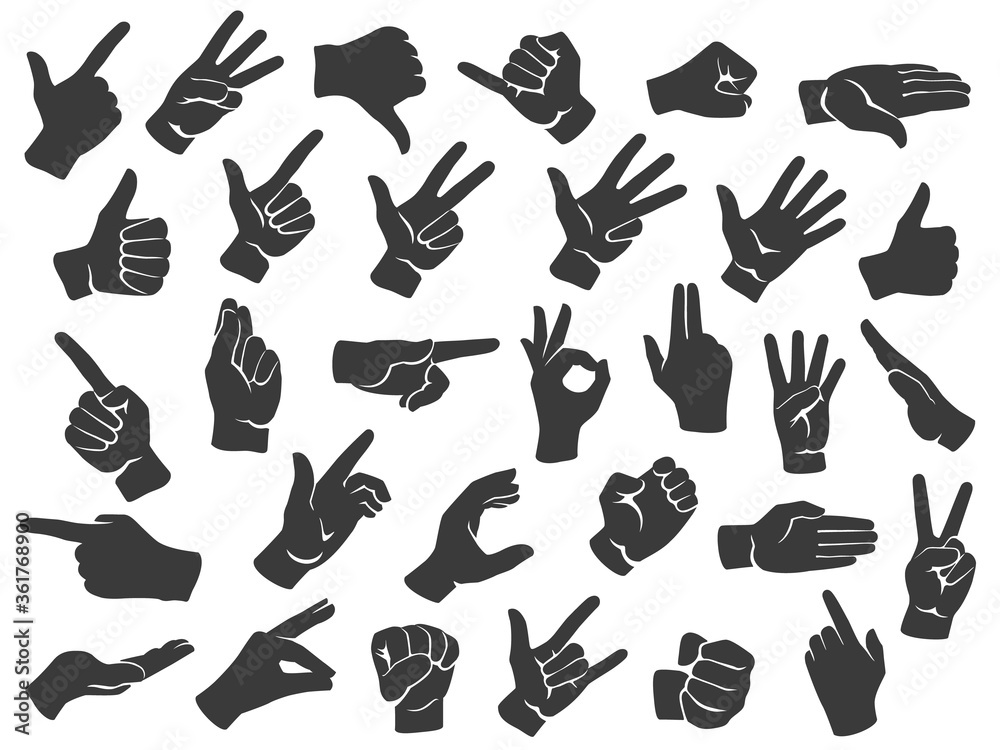 Hand gesture silhouette icons. Man hands gestures, pointing finger and ...