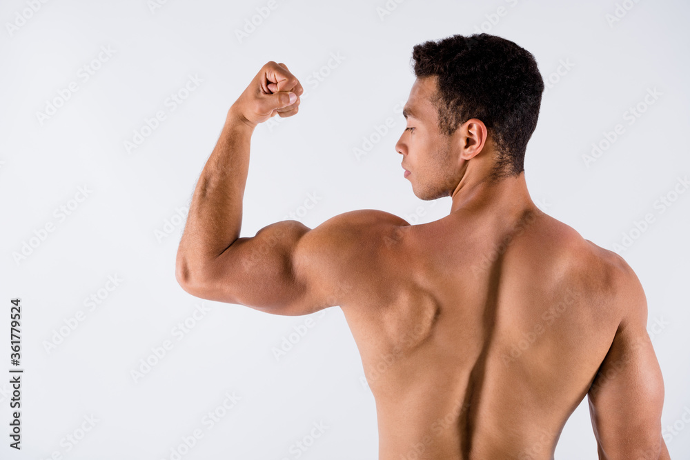 Rear behind photo of handsome muscular sportsman dark skin determined ...