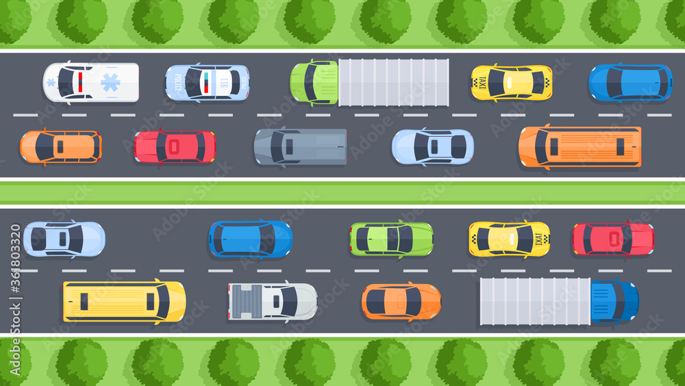 Vector illustration of highway top view with sidewalk, cars, trees and ...