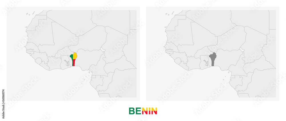 Two versions of the map of Benin, with the flag of Benin and ...