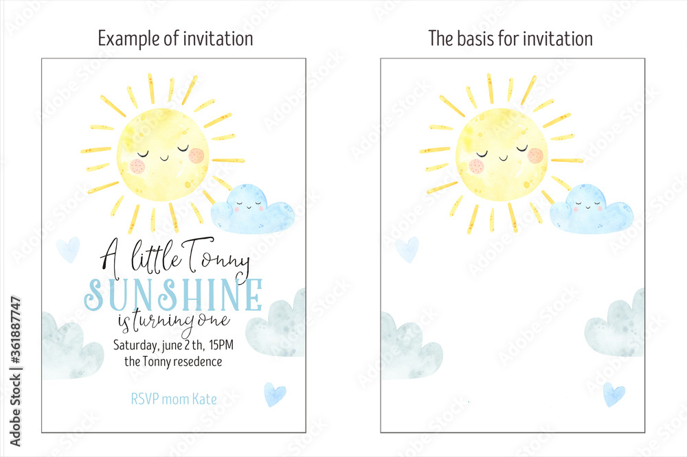 Layout invitation birthday card, watercolor sun birthday invitation ...