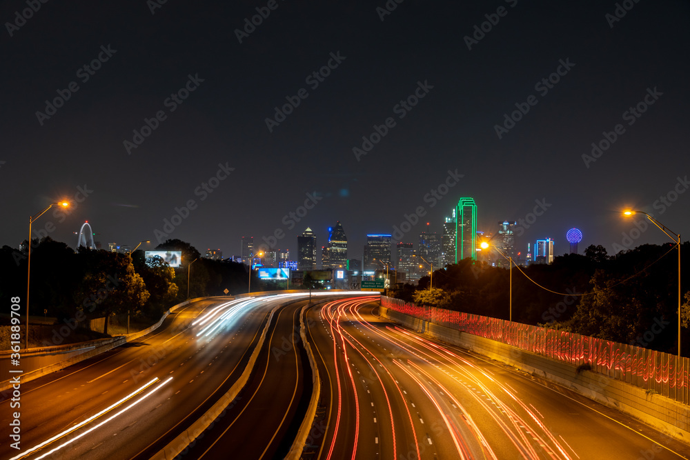 Long Exposure View of Downtown Dallas With Wide Highway and Traffic ...