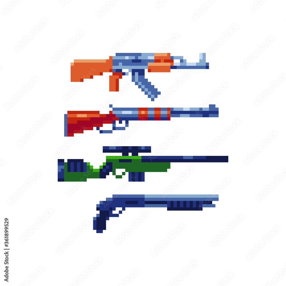 rifles, weapons pixel art icons set Kalashnikov assault rifle AK 47 and ...