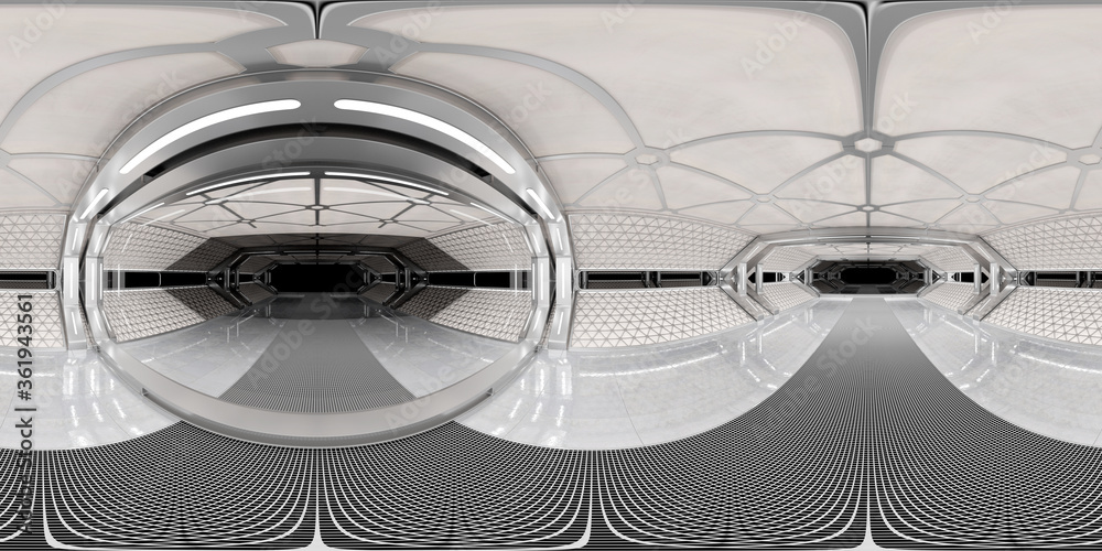 High resolution HDRI panoramic view of white spaceship interior. 360 ...
