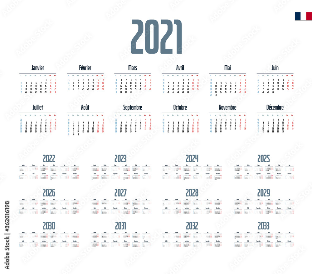 French Calendar for 2021-2033. Week starts on Monday Stock Vector ...