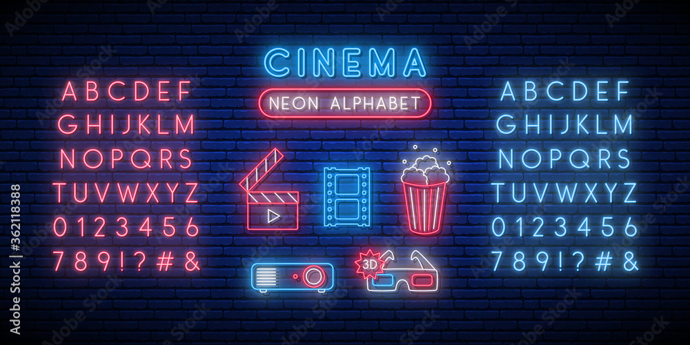 Cinema and alphabet neon sign set. Glowing neon popcorn box ...