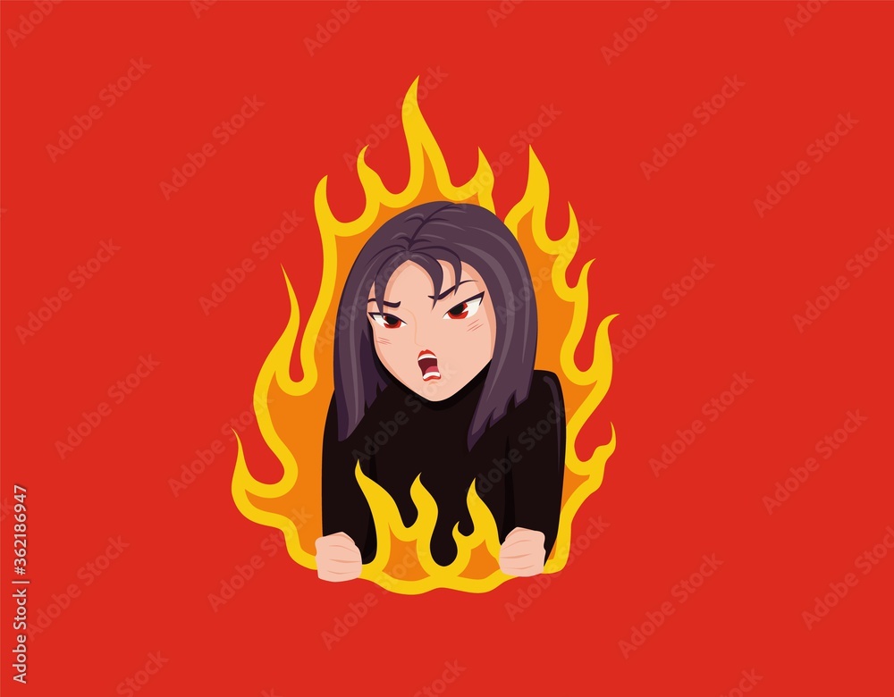 Wicked pretty girl. Angry woman with red eyes burns fire of hatred ...