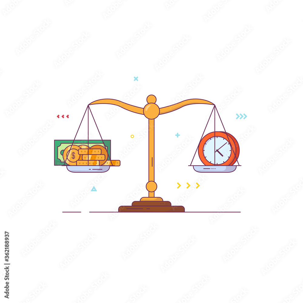 Scales banner. Balance and weight measurement concept. Money and time ...