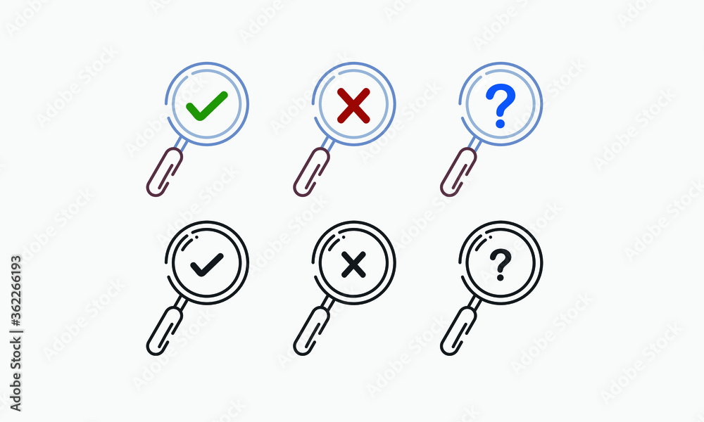 Magnifier icons checked with positive negative and interrogative in two ...