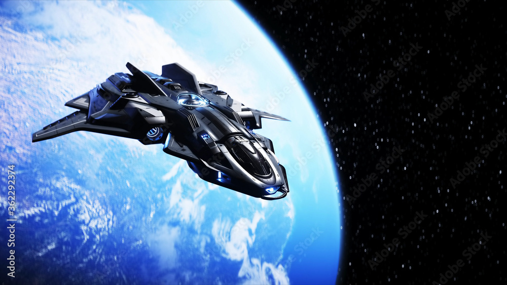 spaceship in outer space. Earth background. 3d rendering. Stock ...