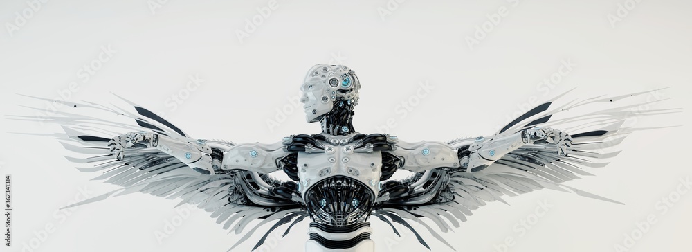 Futuristic humanoid robot with skeletal structure and mechanical wings ...