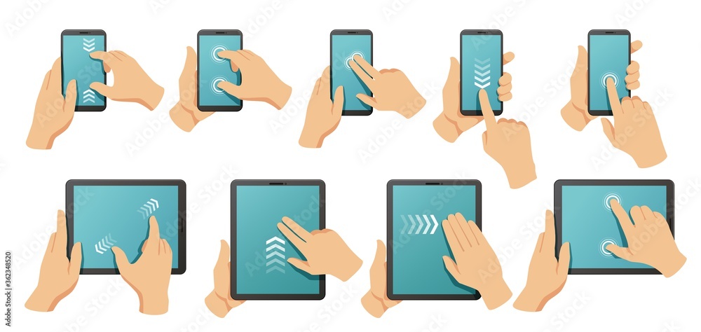 Touchscreen gestures. Hands on smartphone and tablet multi touch screen ...
