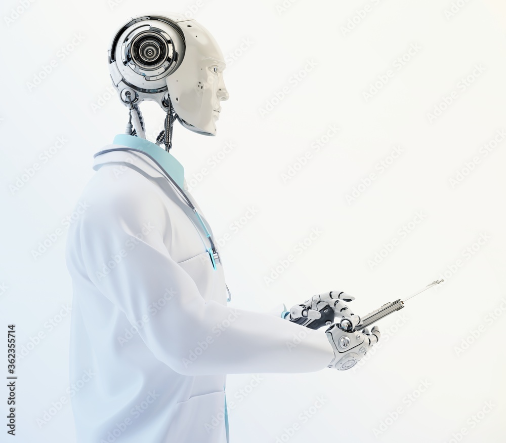 Humanoid robot doctor with stethoscope wears medical gown and tie ...