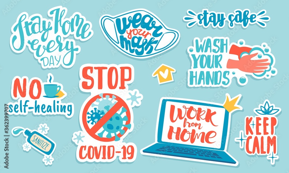 Corona virus stickers. Doodle Covid-19 prevention advice and quotes ...