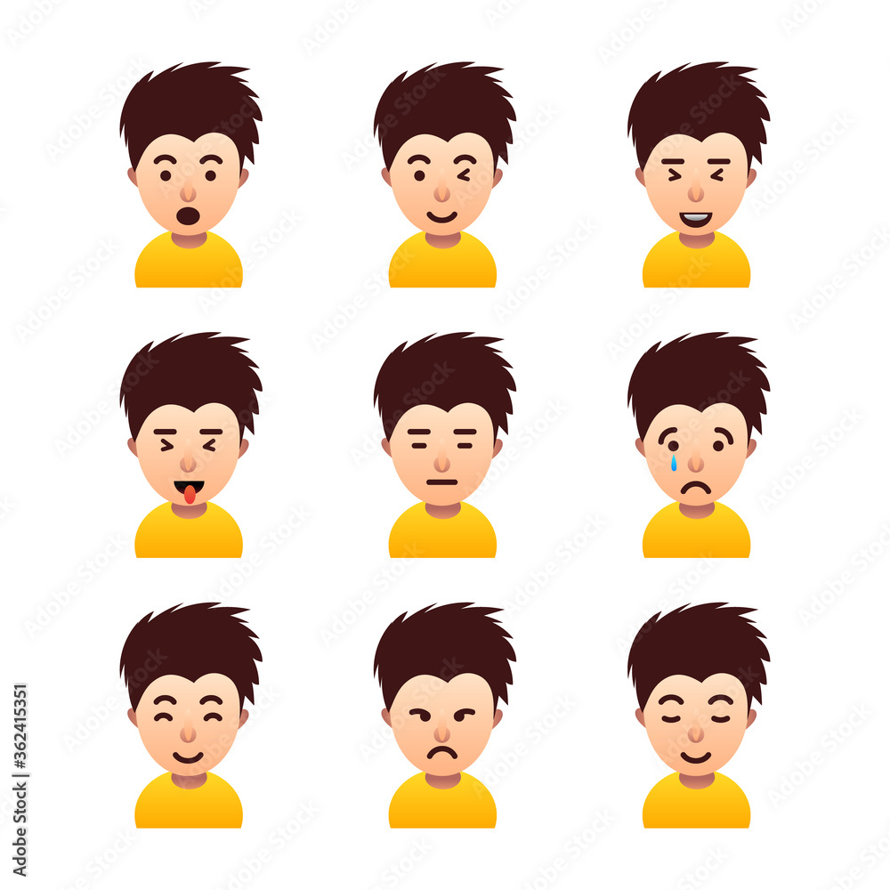 vector face emoticon, set of male emoji character, isolated facial ...