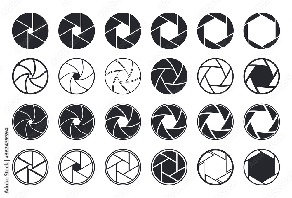 Camera shutter icons. Aperture and lens for focus. Photo optics ...