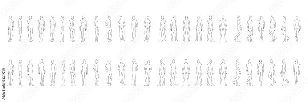Fashion template of 50 men in different poses with lines. 9 head size ...