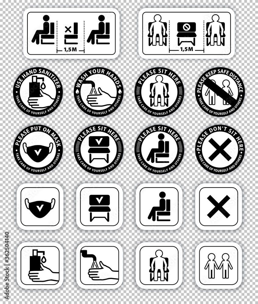 Warning signs on transparent background.. Keep distance between people ...