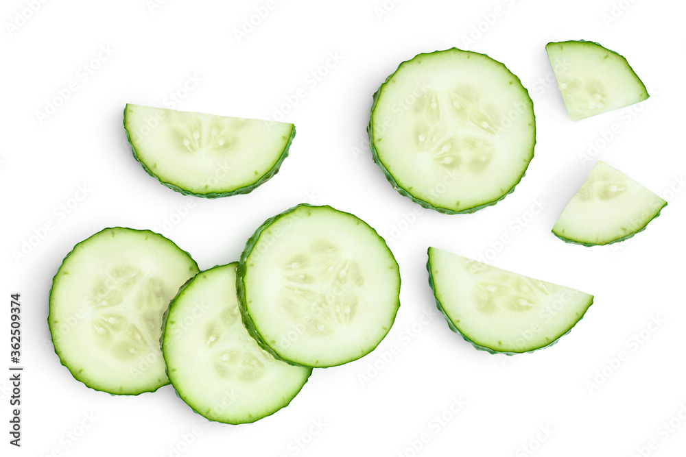 Sliced cucumber isolated on white background with clipping path and full depth of field, Top ...
