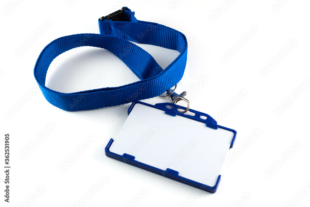 Blank name tag or identification badge on blue strap. White background ...