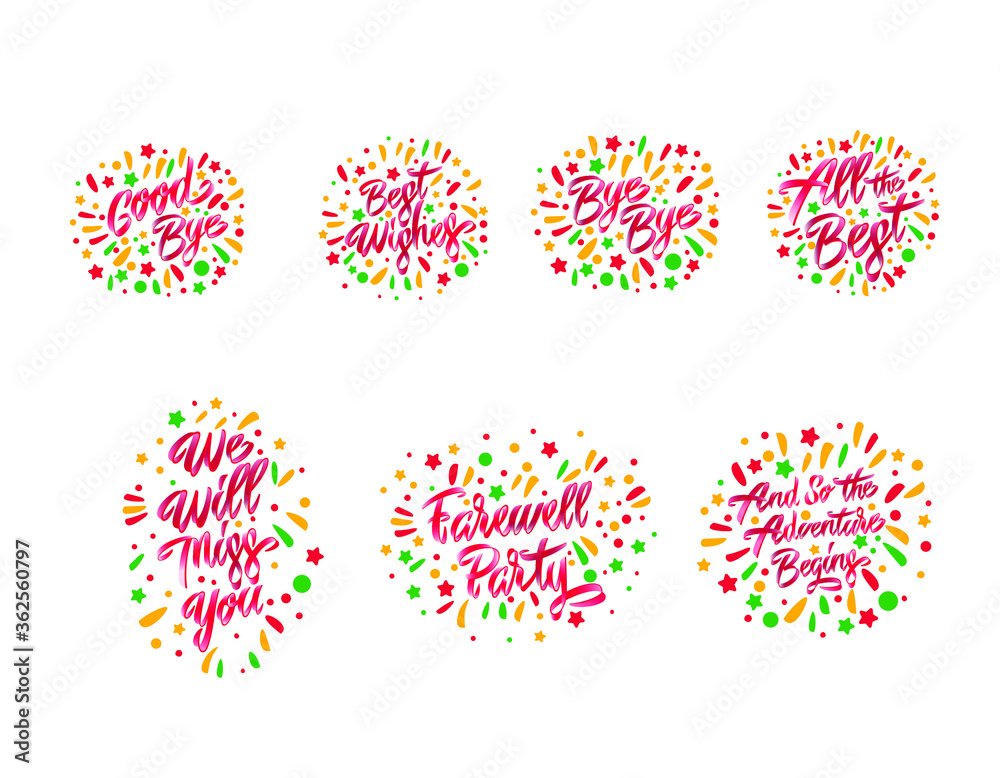 Hand drawn set of handwritten short phrases: Goodbye, All The Best, Bye ...