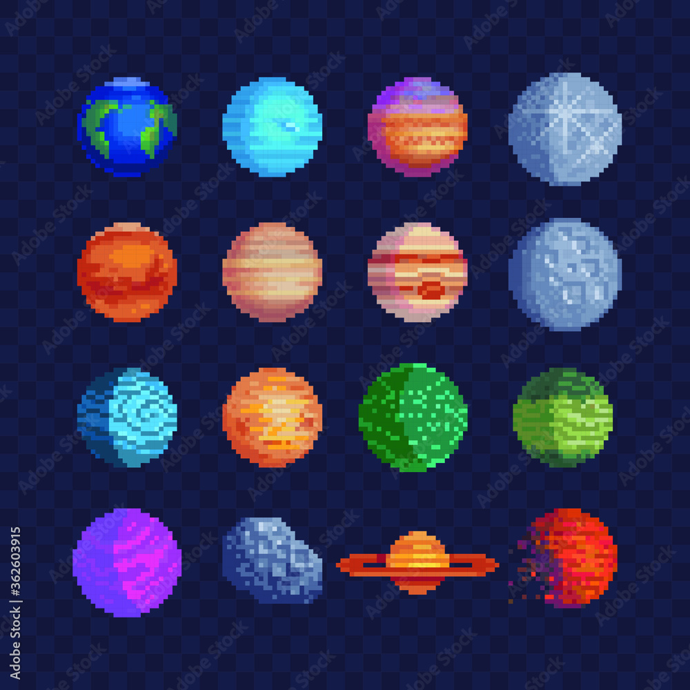 Planets pixel art set. 80s video game sprites. Solar system objects ...