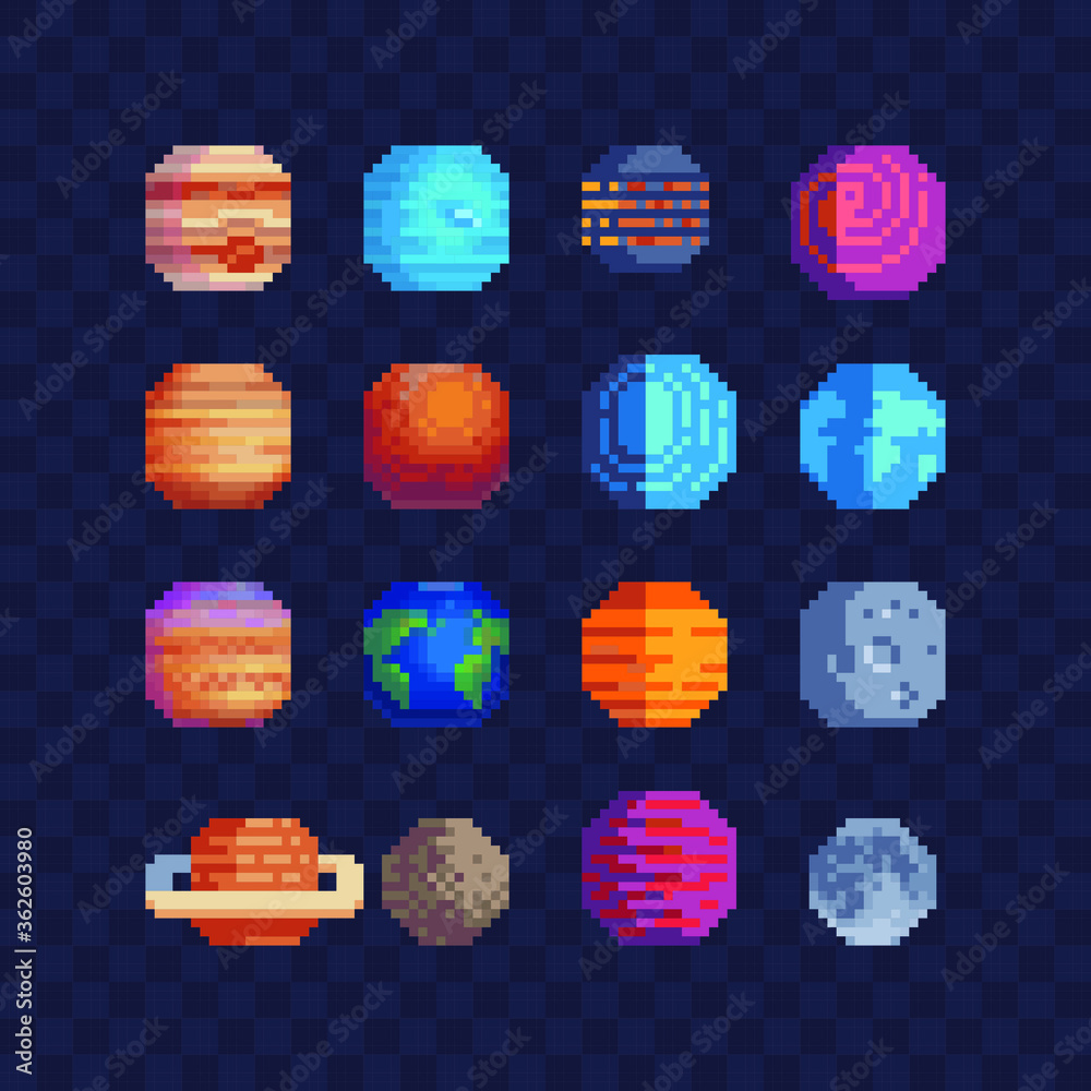 Planets pixel art 80s style set. 8-bit sprites. Solar system objects ...