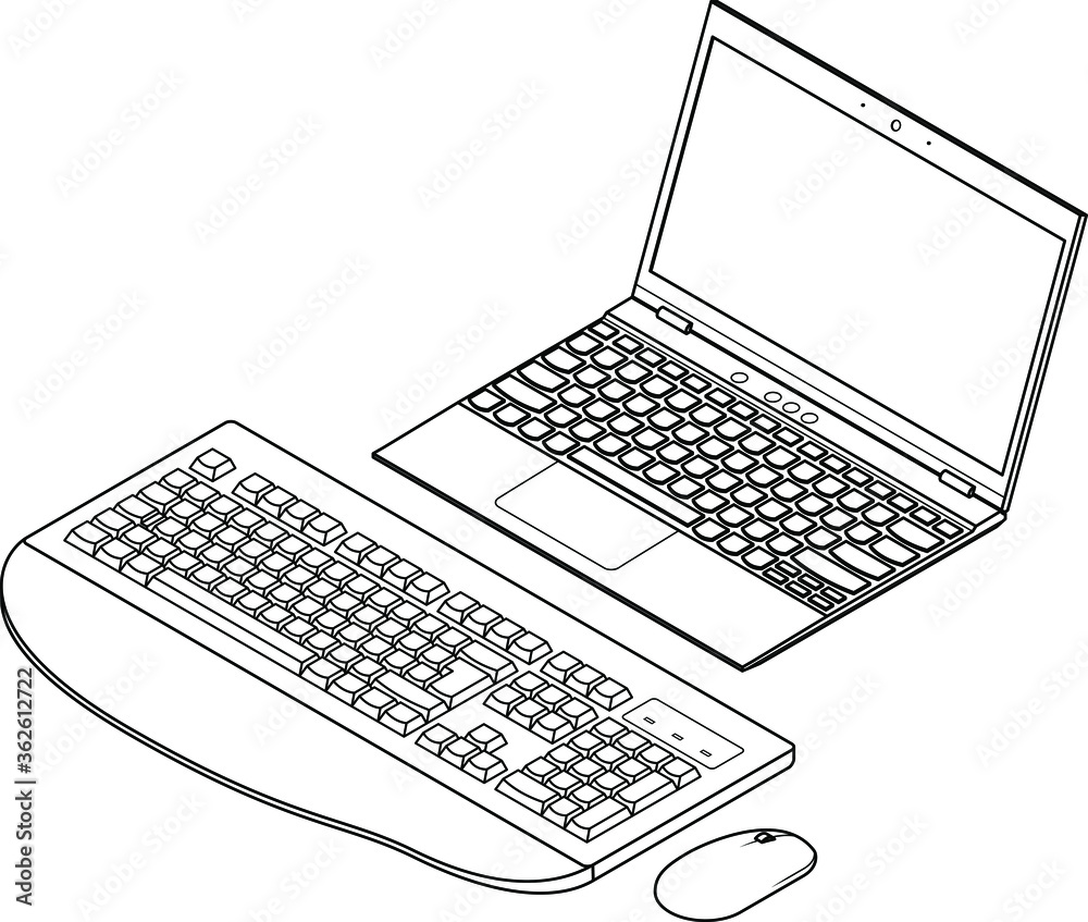 Line-art detailed isometric drawing of a small laptop computer. With an ...