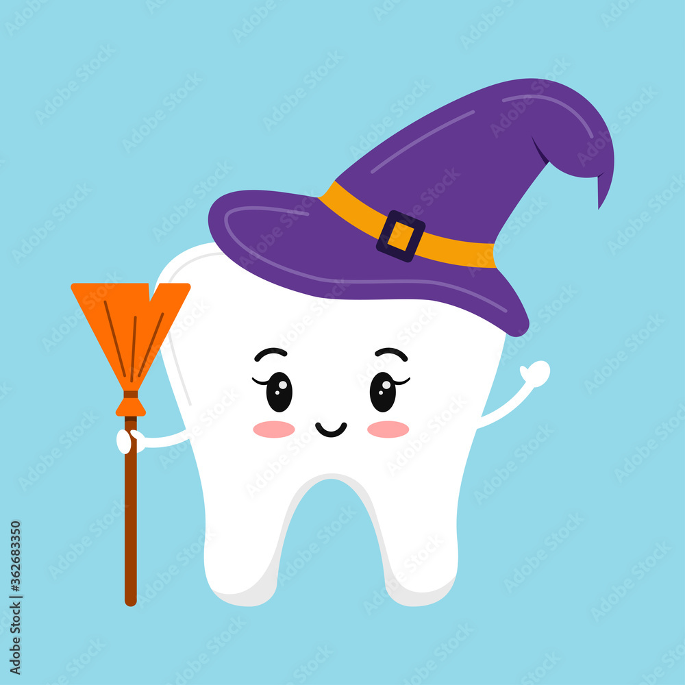 Witch tooth with purple magic hat and broom isolated vector icon. Cute ...