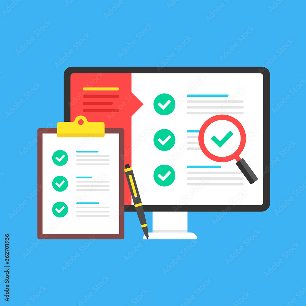 Checklist. Computer with check list on screen and clipboard with ...