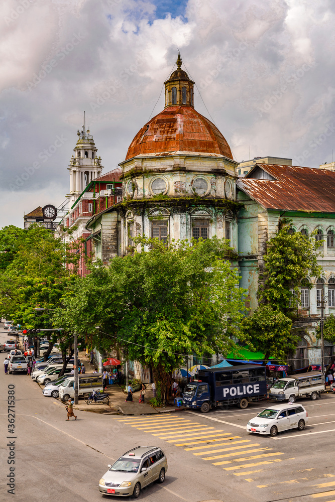 YANGON,, MYANMAR - AUG 24, 2016: Architecture of Yangon, the former ...
