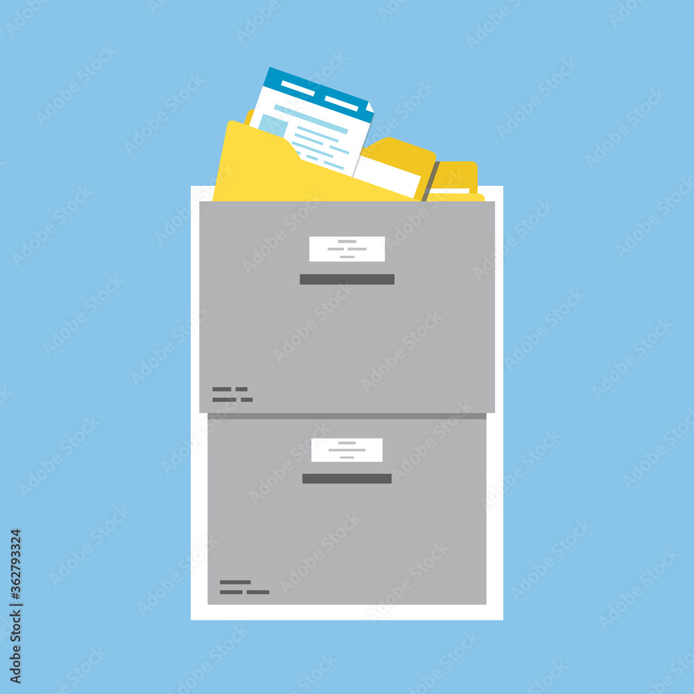 Cartoon storage box, yellow folders with documents. Files search ...