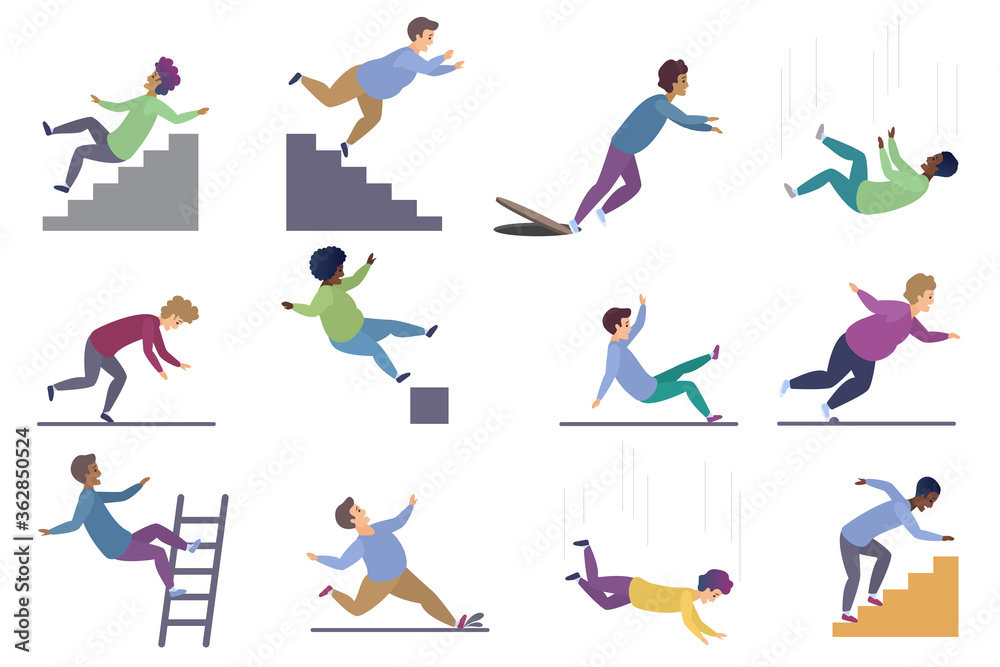 Set of falling male isolated. Falling from chair accident, falling down ...