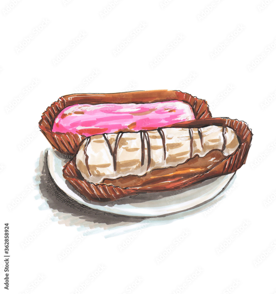 Hand drawn illustration of eclairs. Sweets pastries in cafes Stock ...