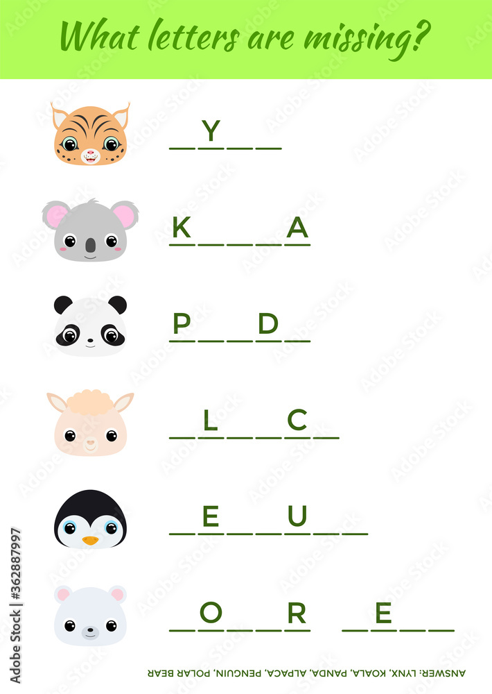 Matching educational game for children with cute animals. Write missing ...