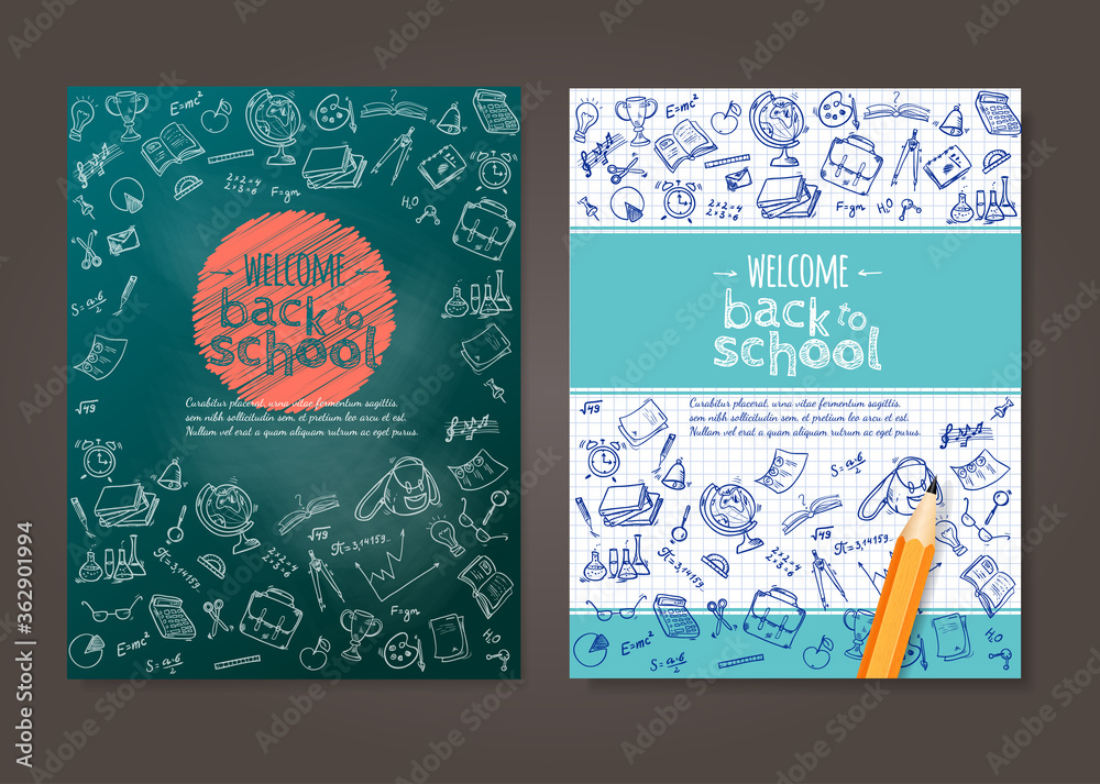 Welcome back to school background, with hand drawn doodle elements and ...