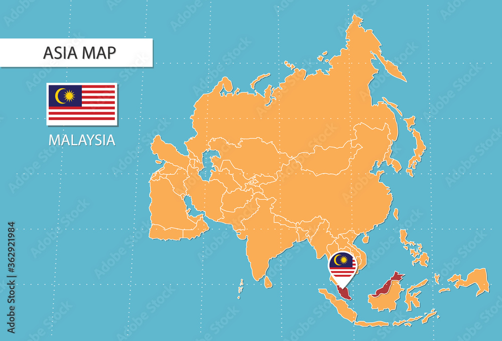 Malaysia map in Asia, icons showing Malaysia location and flags. Stock ...