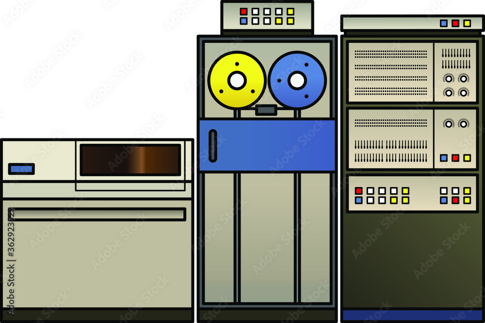 A retro mainframe computer setup with a processor cabinet, classic tape ...