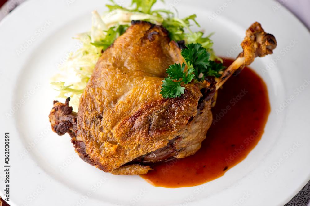 Duck. Prepared in classic French bistro style. Duck rendered in fat ...