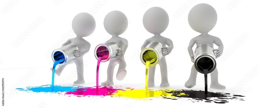 CMYK concept, cartoon characters - cyan, magenta, yellow, black - 3D ...