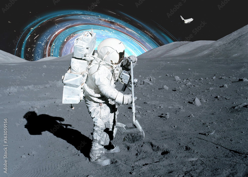 Space astronaut on the moon surface take soil samples with a shovel with black hole on the background. Soft focus. Elements of this image were furnished by NASA. Adobe