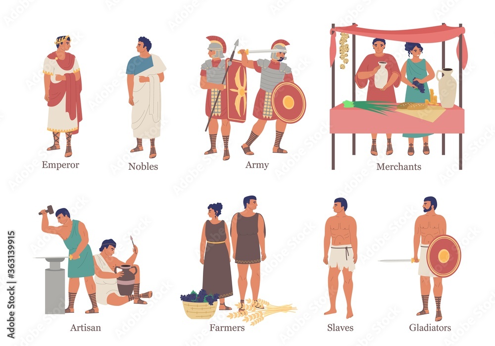 Ancient Rome social hierarchy structure character set, vector flat ...