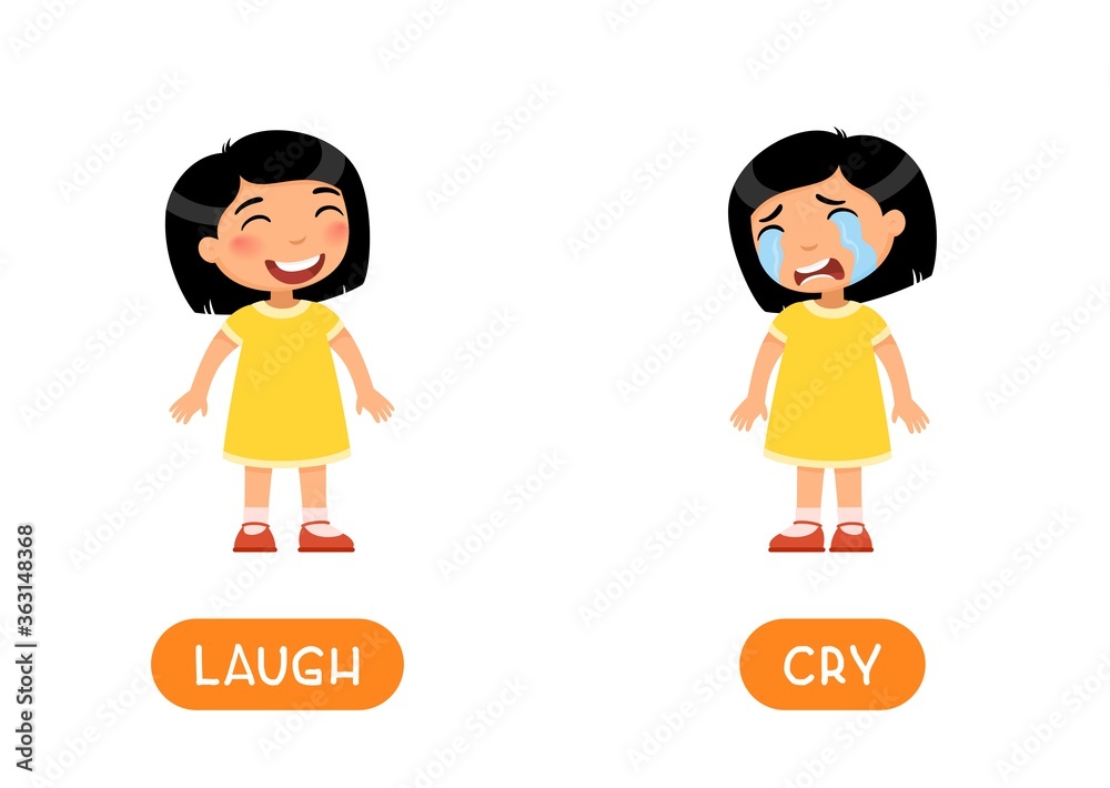 CRY and LAUGH antonyms flashcard vector template. Opposites concept ...