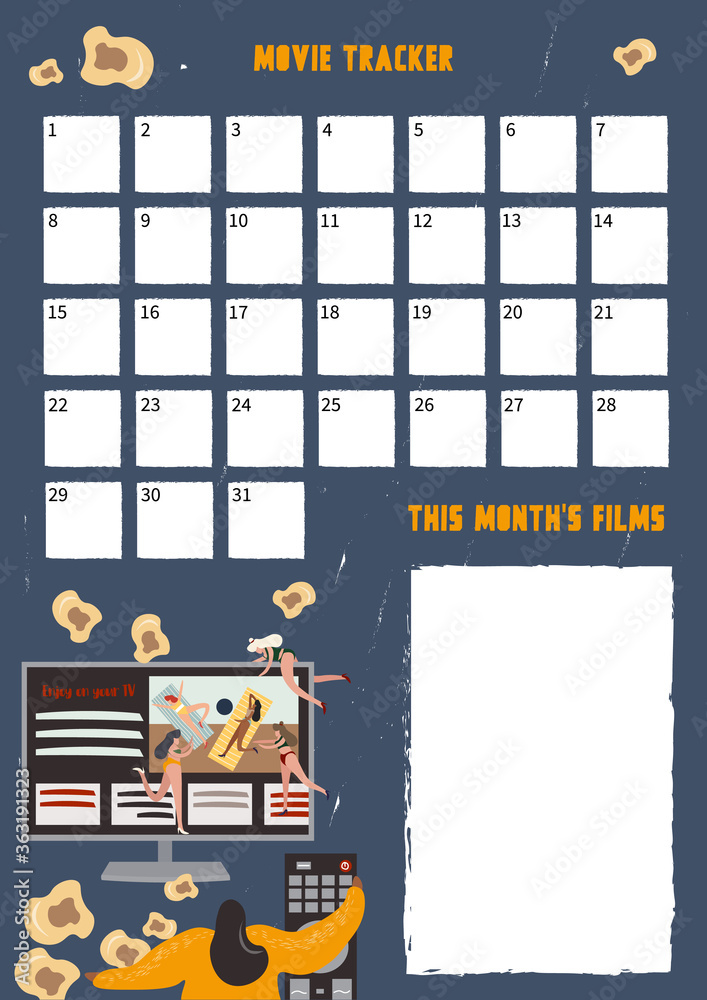 Cute vector movie tracker with month grid and place for notes. A ...